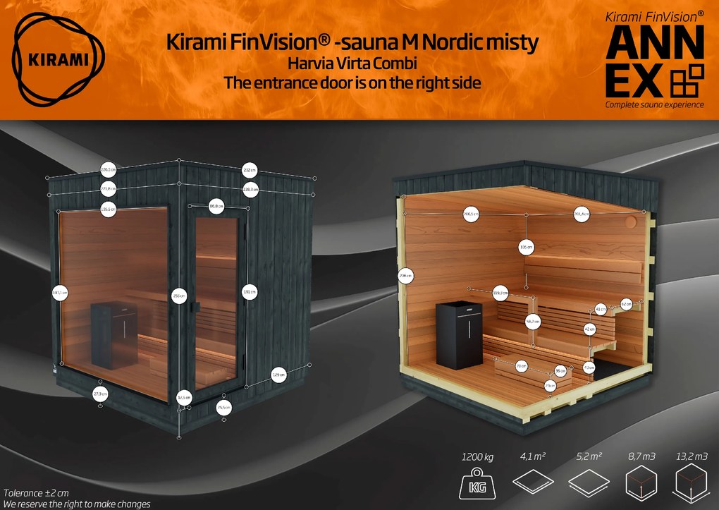 Sauna Kirami FinVision® - M Nordic misty Varianta: s ohřívačem Harvia Virta Combi, Orientace: Pravá