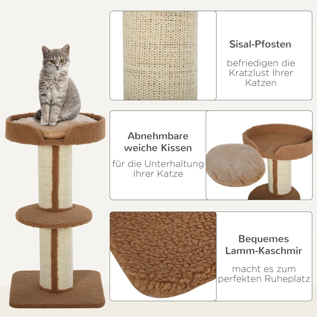 PawHut škrabadlo s odnímatelným polštářem, do 30 kg, škrabadlo, kočičí strom s plošinou, stabilní, sisal, světle hnědá, 45x45x91cm