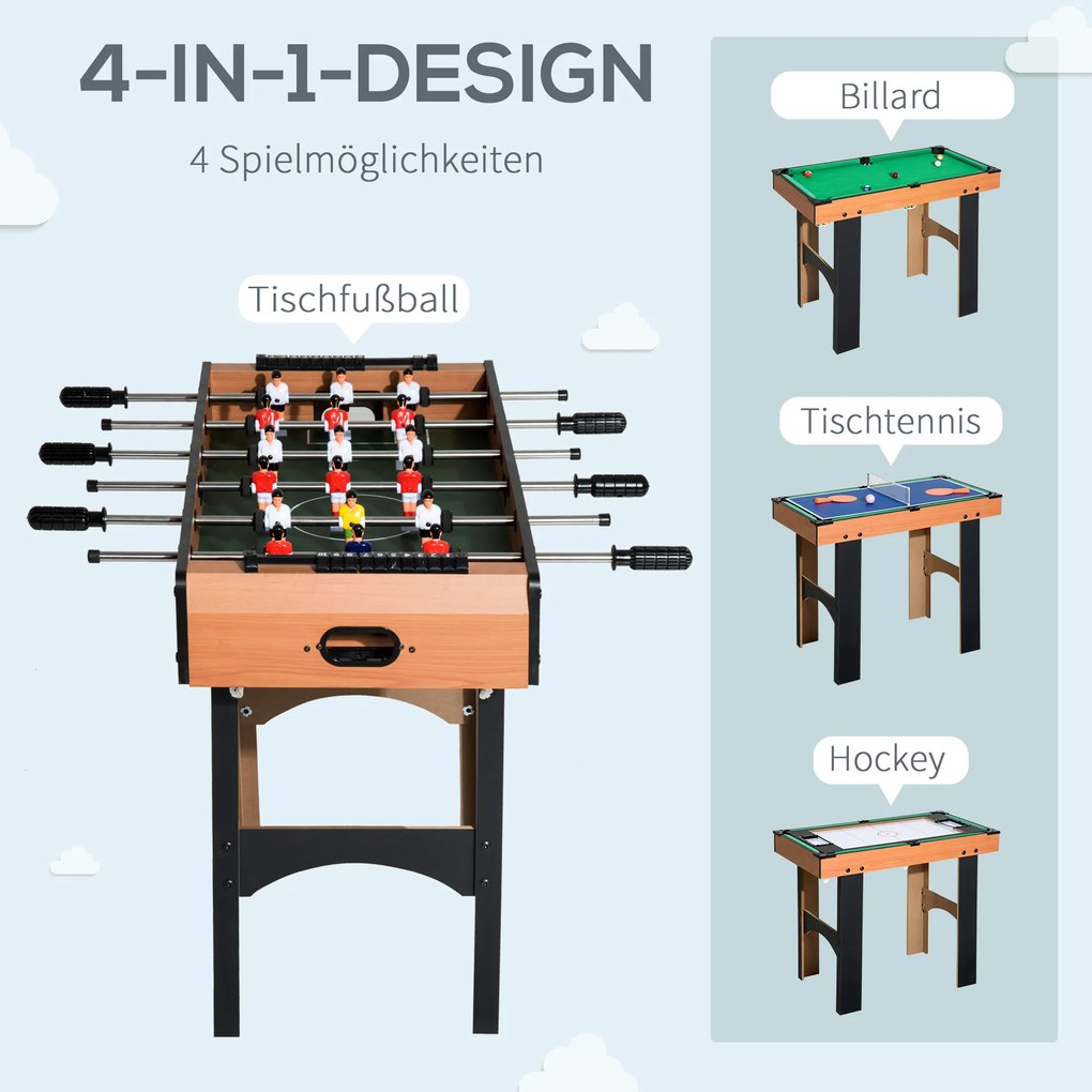 HOMCOM multiherní stůl 4 v 1 Multigame stolní fotbal stolní hokej stolní tenis kulečník multifunkční herní stůl 87x43x73cm pro zábavu