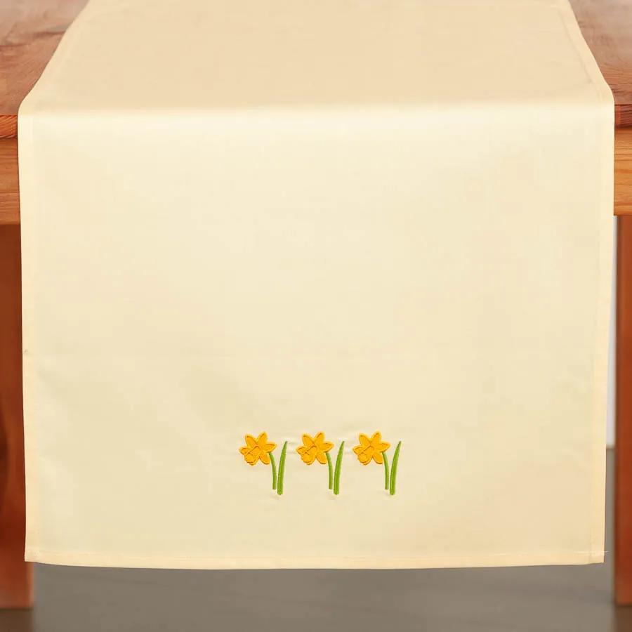 Ubrus Veba GAMA bavlněný satén žlutá s výšivkou Narcisy Velikost: 40x140 cm