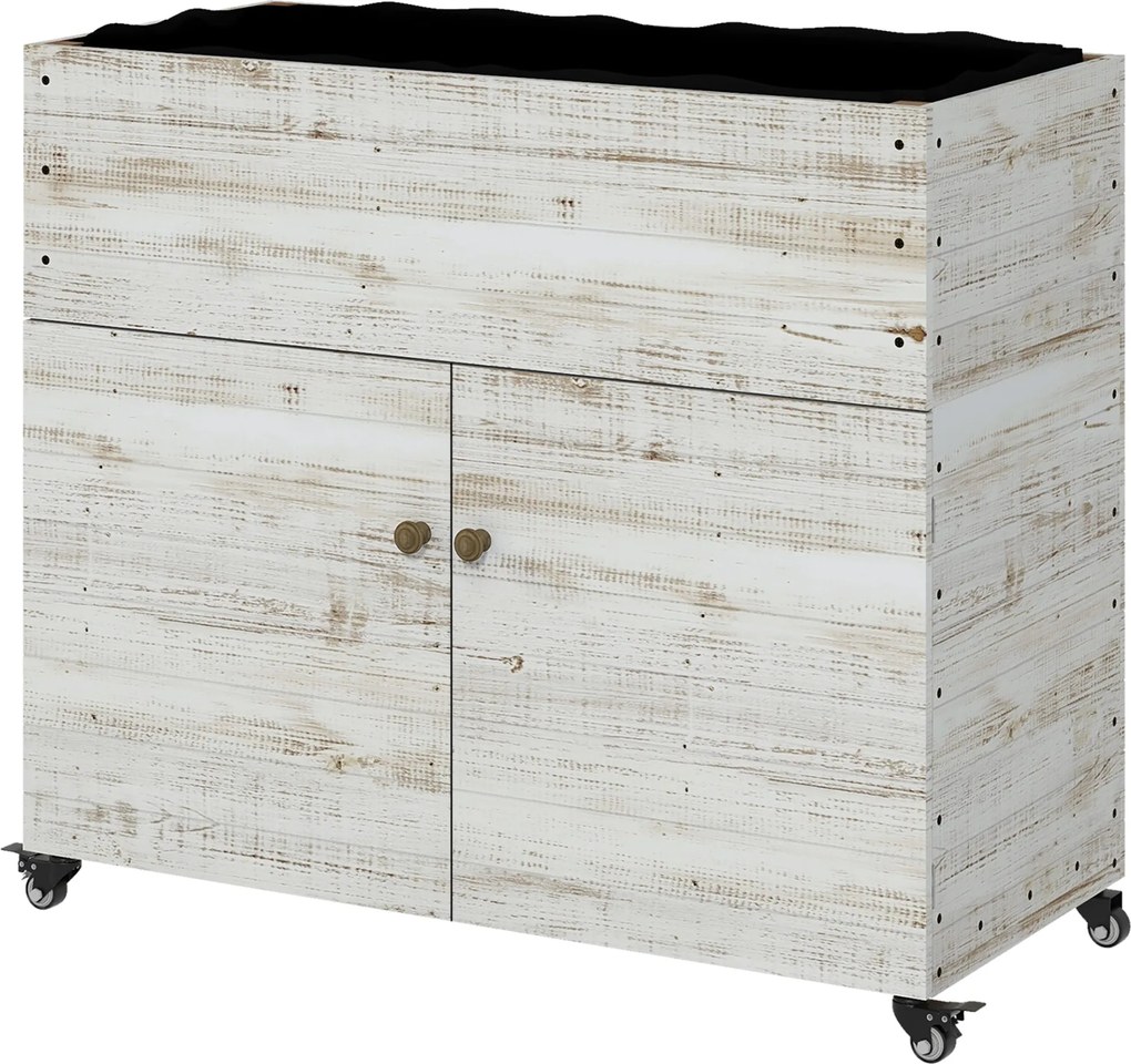 Dřevěný vyvýšený záhon Outsunny s ukládacím prostorem a kolečky, květinový box s fleecem pro zahradu a balkón, 110 x 50 x 95 cm, Bílý | Aosom
