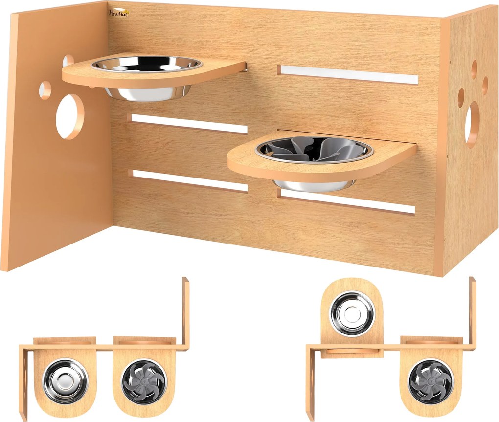 PawHut Zvedená Miska pro Psy s 3 Nastavitelnými Výškami, 2 Nerezovými Miskami, Podložkou pro Pomalejší Krmení, Oddělený Design pro Malé, Střední a Vel