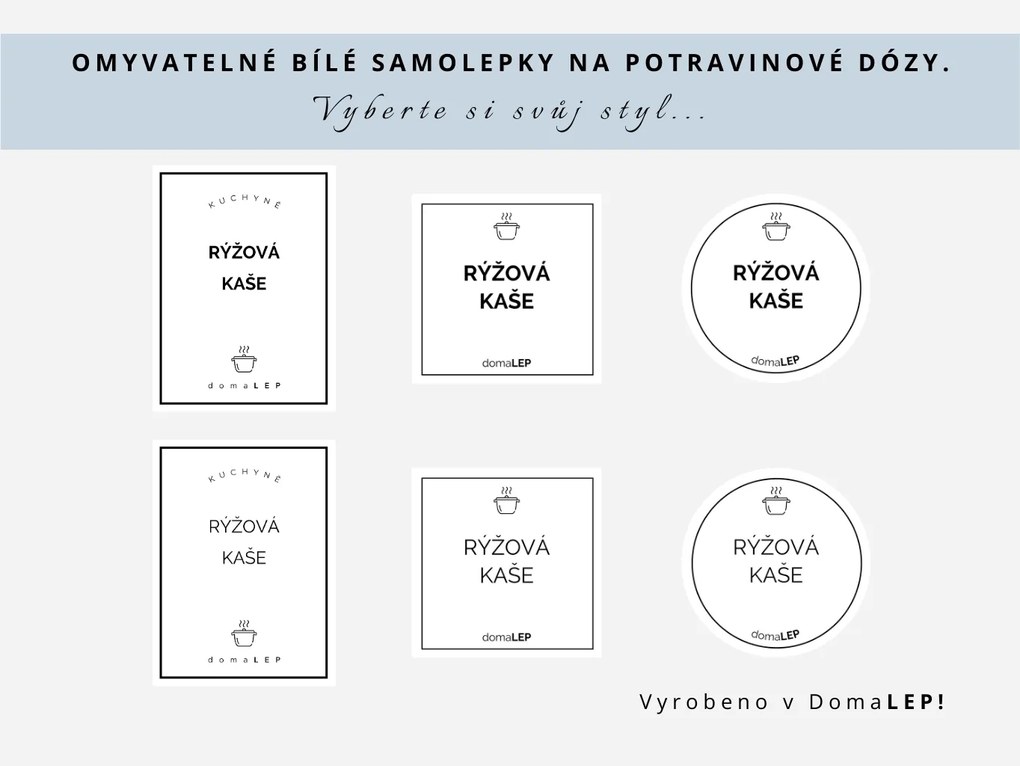 RÝŽOVÁ KAŠE - omyvatelná samolepka na dózu, výběr rozměrů Ø 5 cm / 5 x 5 cm / 6 x 8 cm | DomaLEP tvar: OBDÉLNÍK, barva: BÍLÁ - ČERNÉ písmo, velikost: š. 6 cm x v. 8 cm - tučné písmo