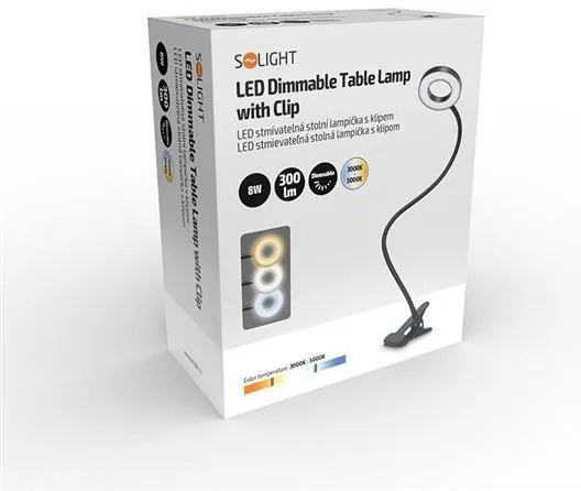 SOLIGHT LED stmívatelná stolní lampička s klipem, 300lm, nastavitelná teplota světla, USB, WO66-B