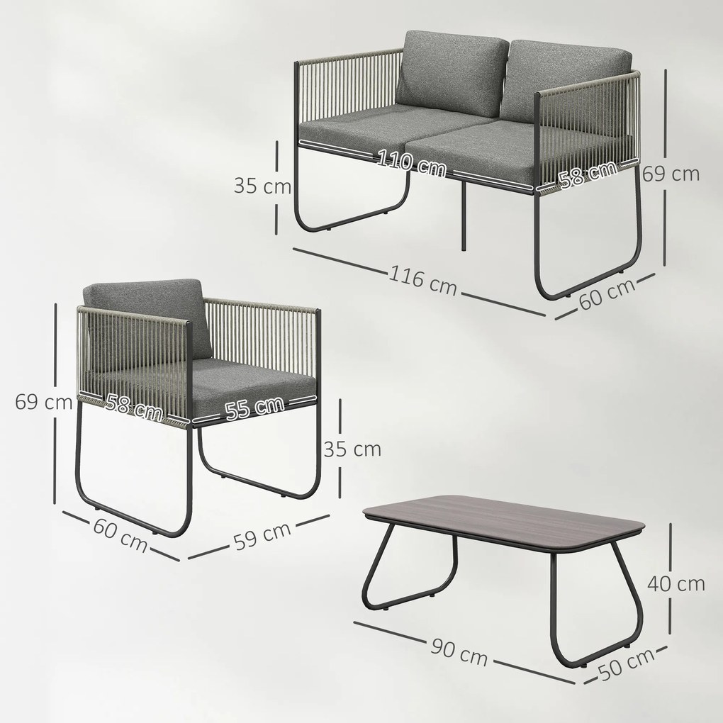 Polyratanový zahradní nábytek set lounge set s pohovkou křeslem stolem polštáři odolný proti povětrnostním vlivům 116 x 60 x 69 cm hnědá+tmavě šedá
