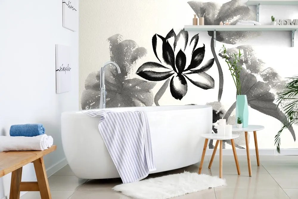 Tapeta akvarelový černobílý lotosový květ