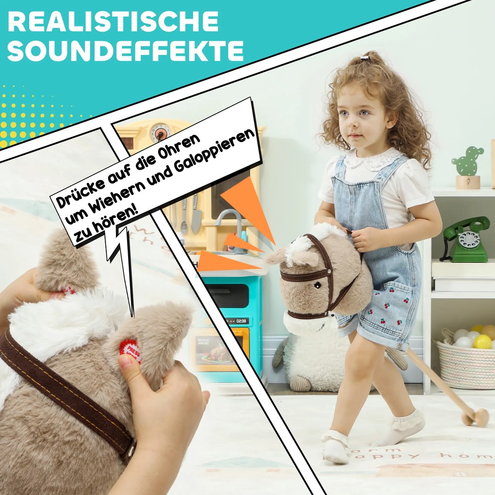 AIYAPLAY Hobby kůň dětský hobby kůň se zvukem, naviják, kůň na tyči pro jízdu na koni pro děti 24+ měsíců, šedý