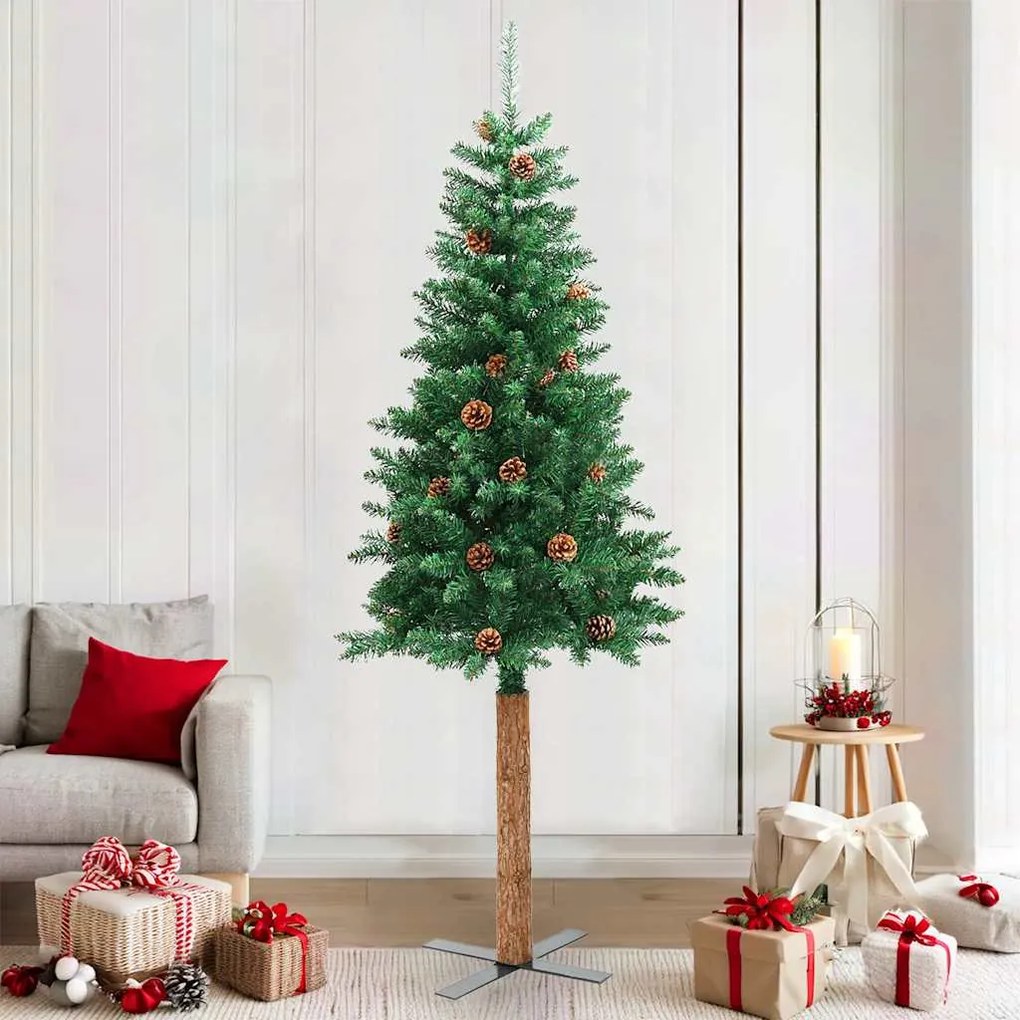 Úzký vánoční stromek pravé dřevo a šišky zelený 210 cm PVC 320959