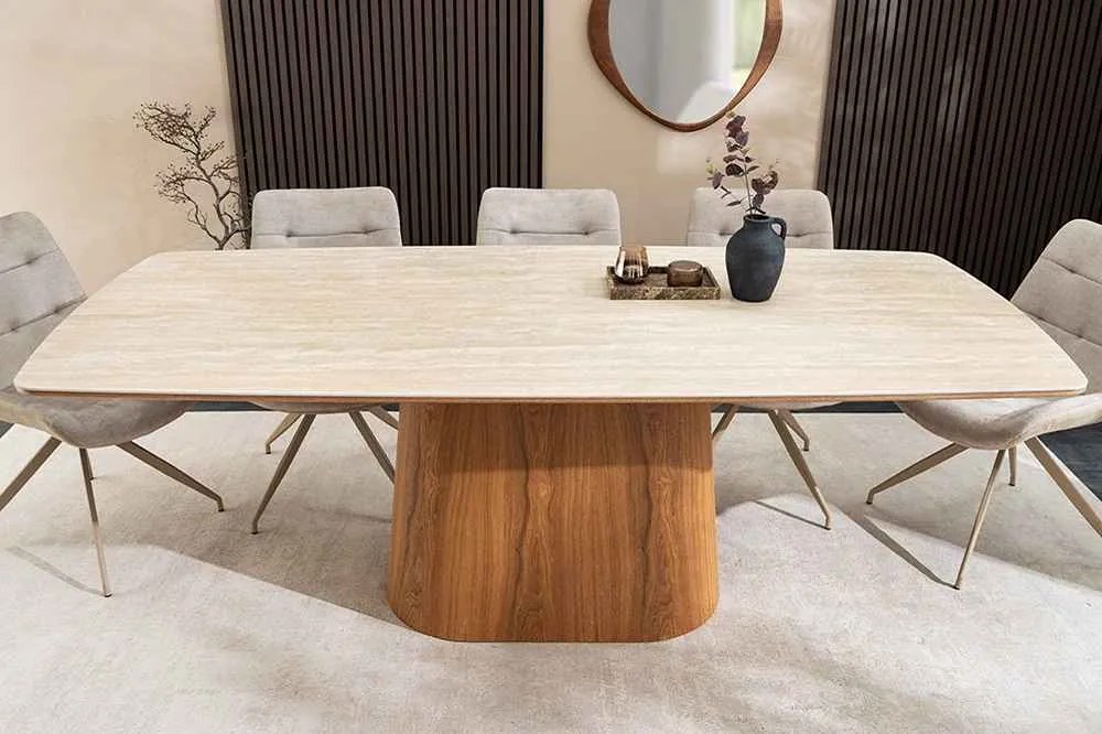 Designový keramický jídelní stůl Parthenia 200 cm travertin / dub