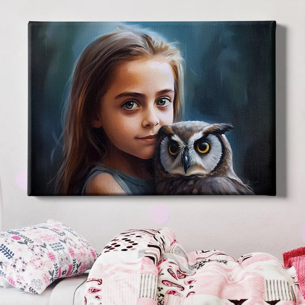 Obraz na plátně - Dívka a její nejlepší kamarádka sova FeelHappy.cz Velikost obrazu: 180 x 120 cm