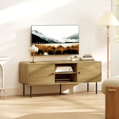 HOMCOM TV nábytek, televizní skříň až do 140 cm s 2 dveřmi, 2 otevřenými přihrádkami, kovovými nohami, 120 x 40 x 50 cm, dub