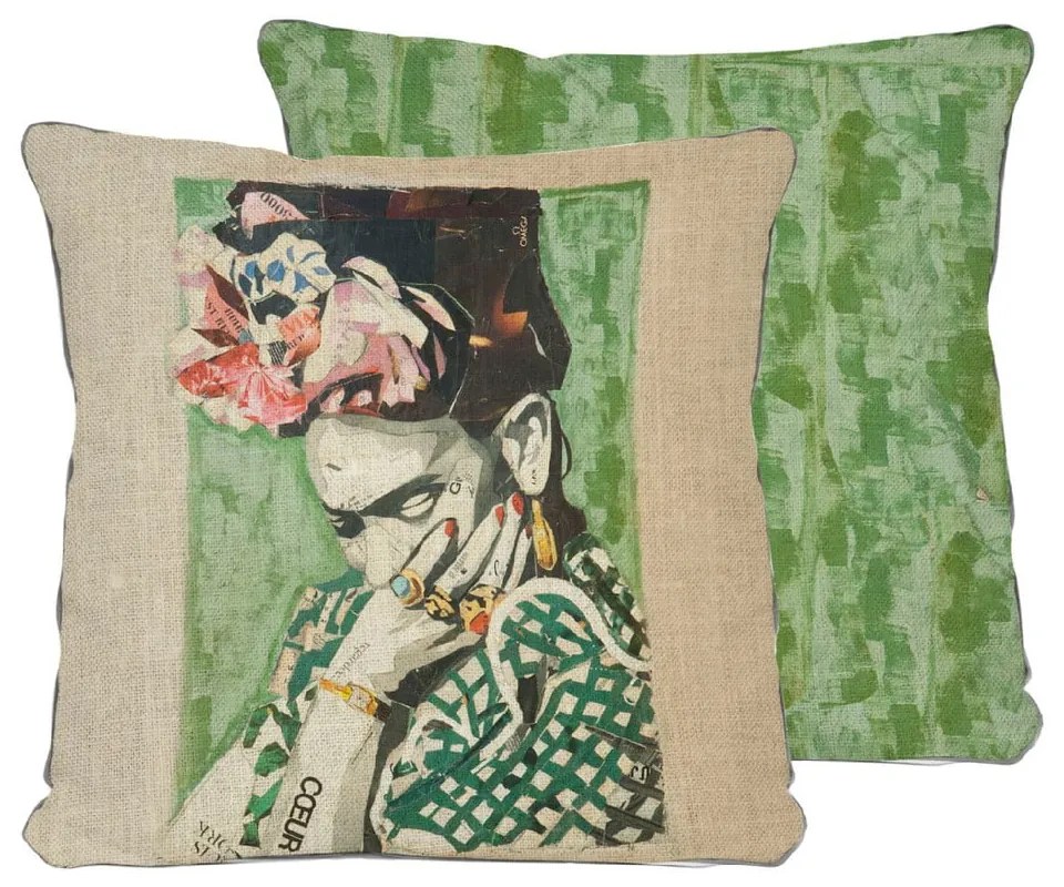 Oboustranný povlak na polštář s příměsí lnu Madre Selva Frida Collage Green, 45 x 45 cm