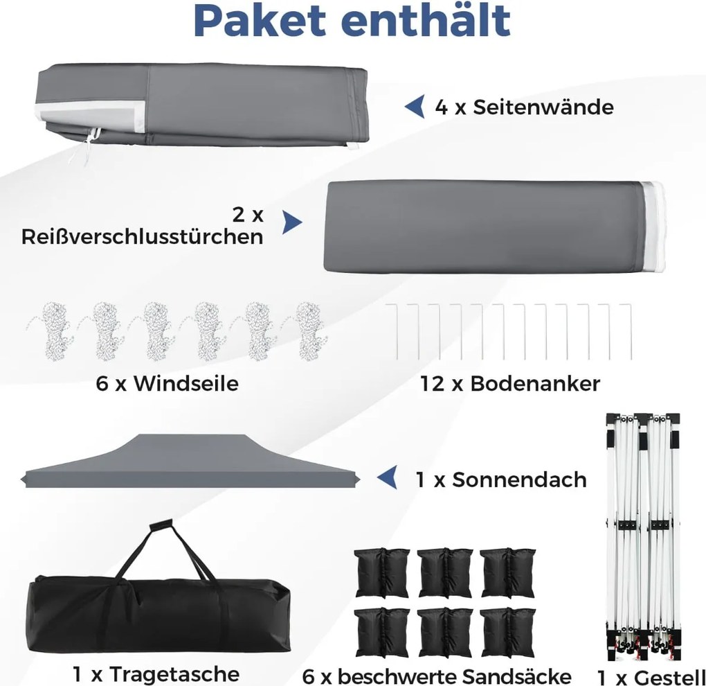Costway Pavilon skládací altán s 6 odnímatelné boční stěny výškově nastavitelný