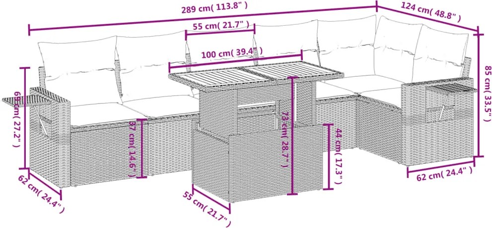 7dílná zahradní sedací souprava s poduškami černá polyratan 3271763