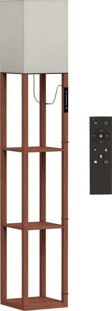 HOMCOM stojací lampa se 3 policemi a stmívatelnou LED, hnědá