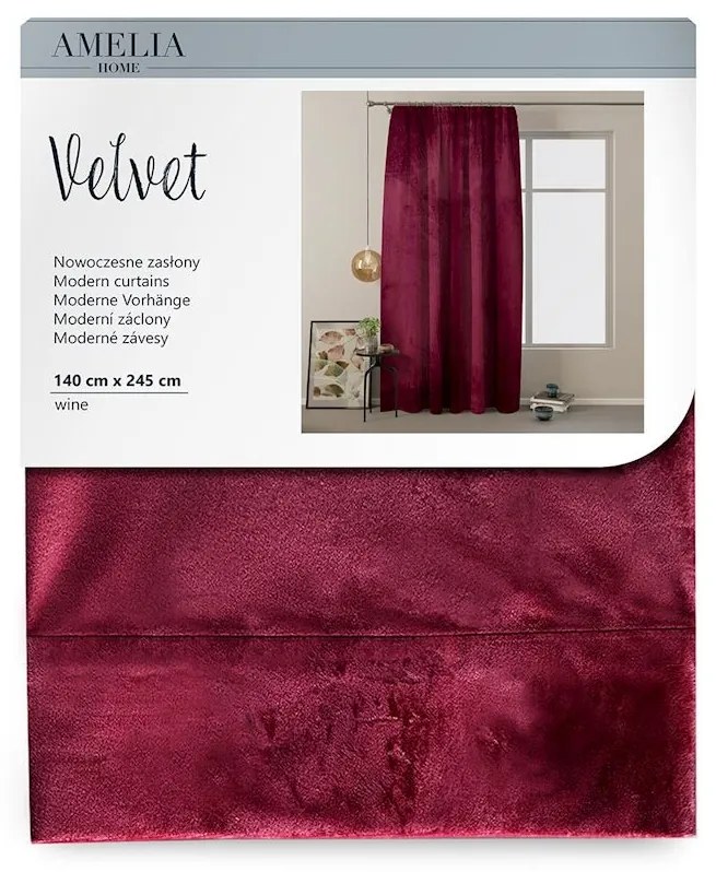 Závěs Amelia Home Velvet s řasící páskou vínově červený