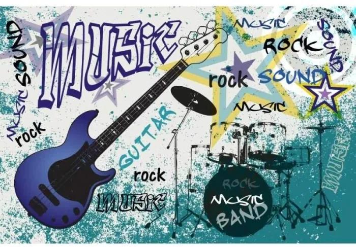 DIMEX | Samolepicí vliesová fototapeta na zeď Modrá kytara MA-5-0323 | 375 x 250 cm | tyrkysová, modrá, černá, žlutá