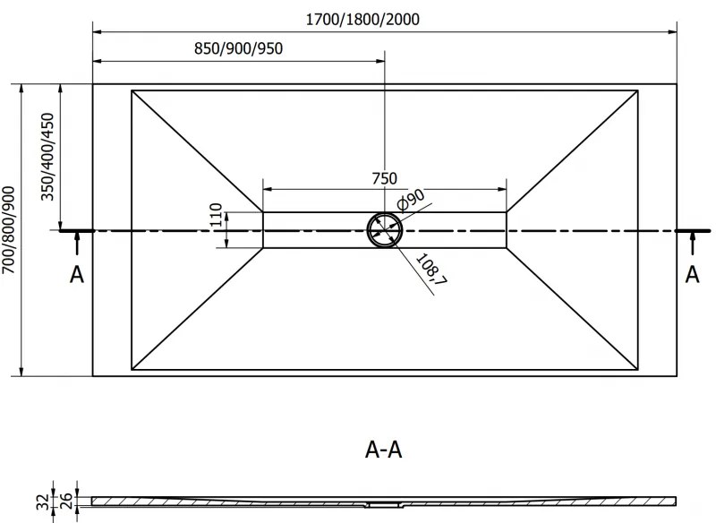Mexen Toro, SMC obdélníková sprchová vanička 170 x 80 cm, černá, zlatá krytka, 43708017-G