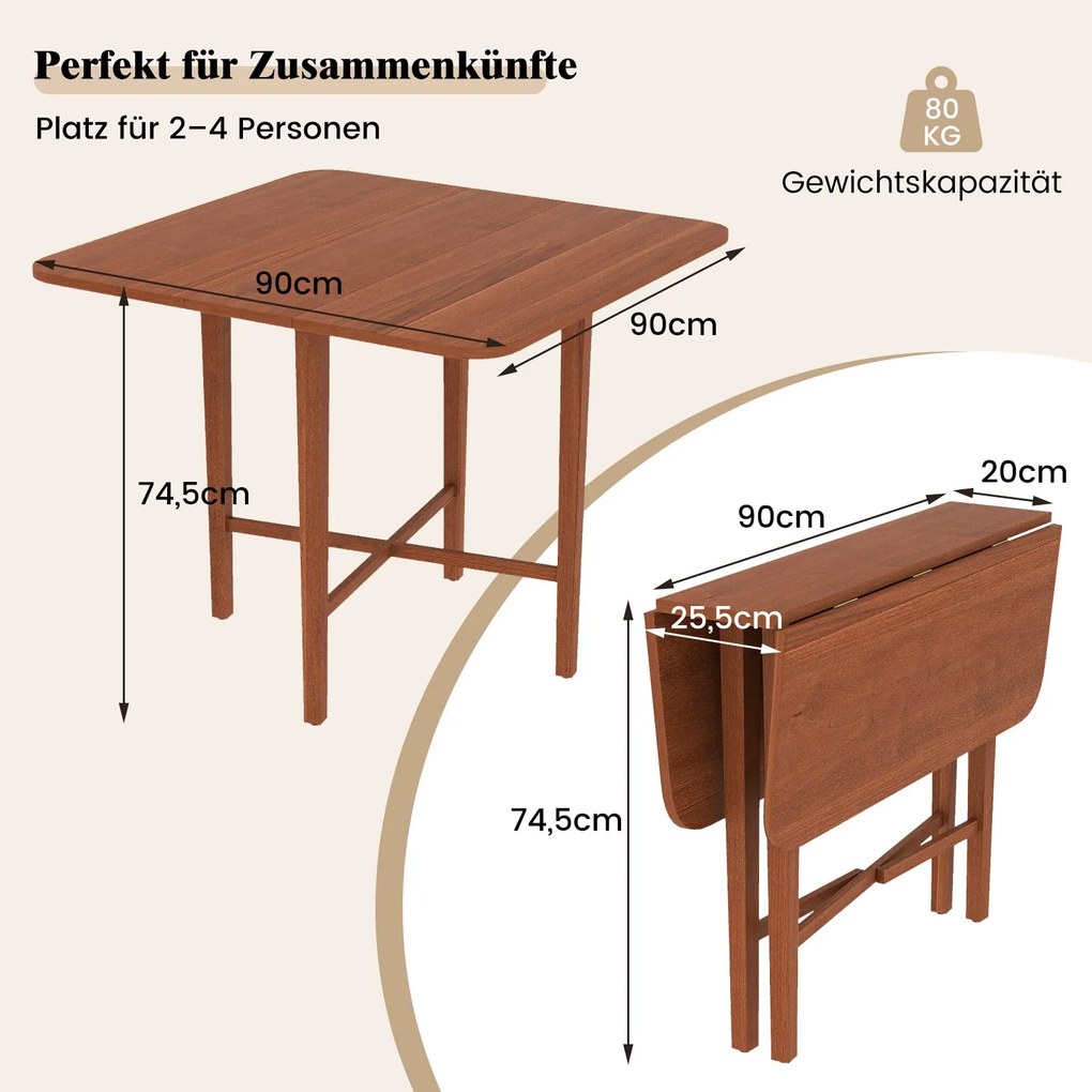 Costway Čtvercový dřevěný jídelní stůl pro 2-4 osob s 2 skládacími deskami