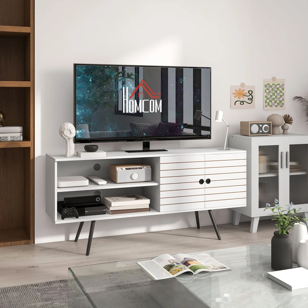 HOMCOM TV stolek do obývacího pokoje pro TV do 65 palců, moderní TV stolek se 2 otevřenými policemi a 1 nastavovací policí 145x38x65 cm Bílý