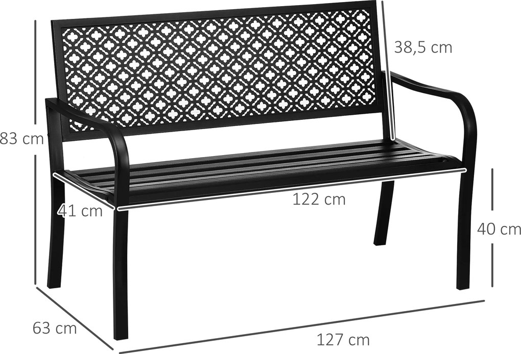 Zahradní lavička Outsunny 2místná lavička s opěradlem a područkami, ocel, max. 240 kg, květinový vzor, černá, 127 x 63 x 83 cm pro zahradu a terasu |…