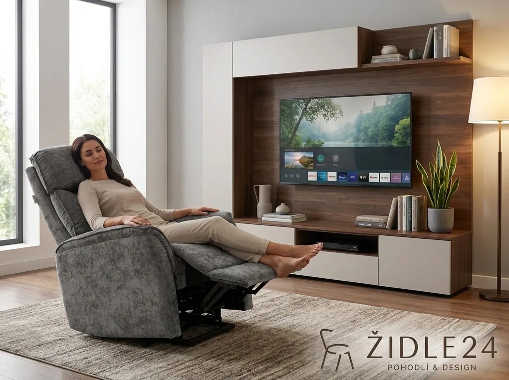 Elektrické polohovací TV křeslo VOJO - šedá látka / masážní / vyhřívací funkce