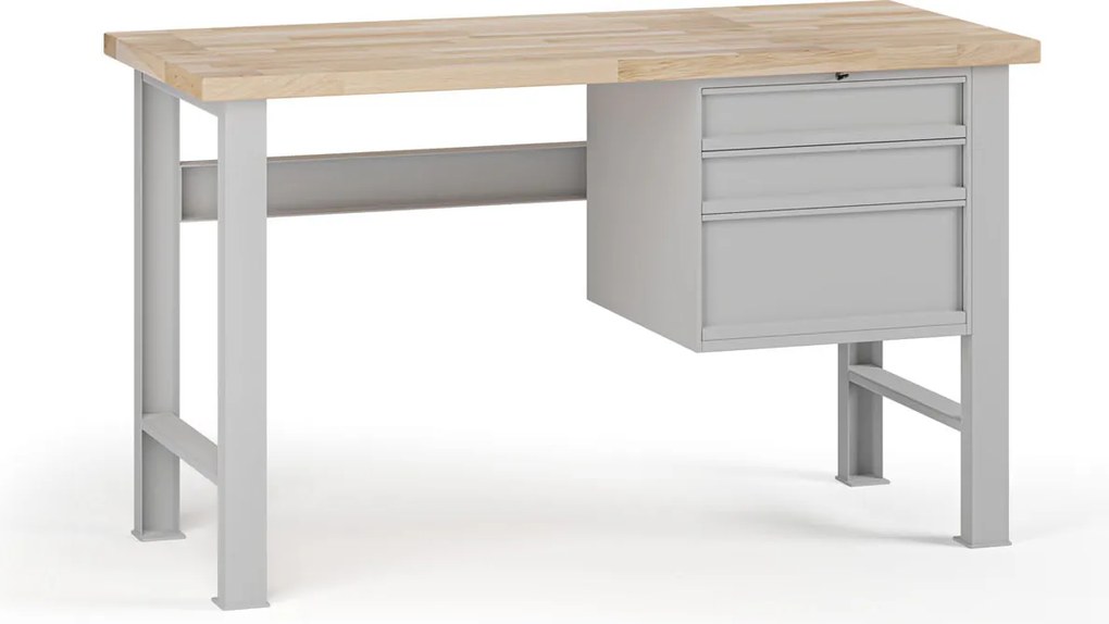 Dílenský pracovní stůl G7, buková spárovka, 1500 x 685 x 840 mm, 1x kontejner, 3 zásuvky, šedá