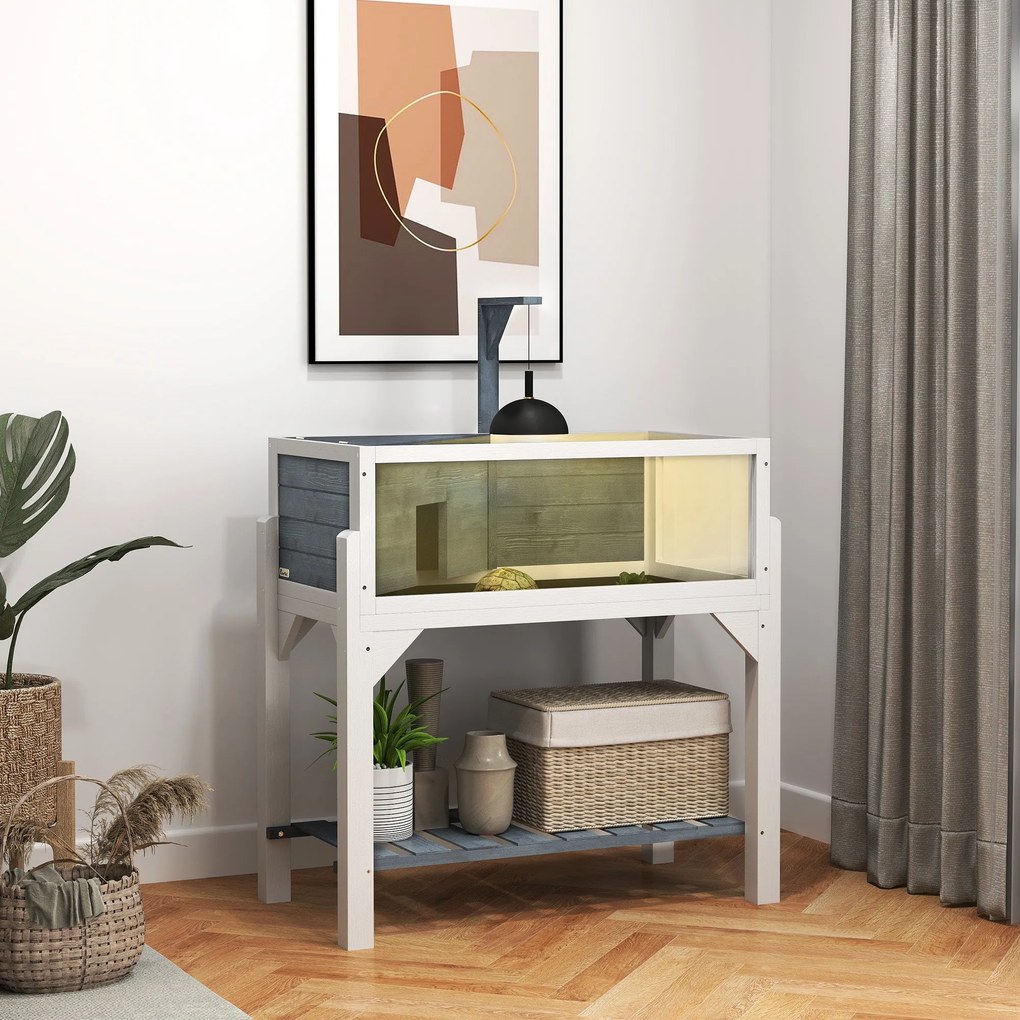 PawHut zvýšený dům pro želvy s 2 zónami, otevíracím víkem, držákem na lampu a panoramatickým výhledem – 84,5 × 47,5 × 90 cm (šedý)