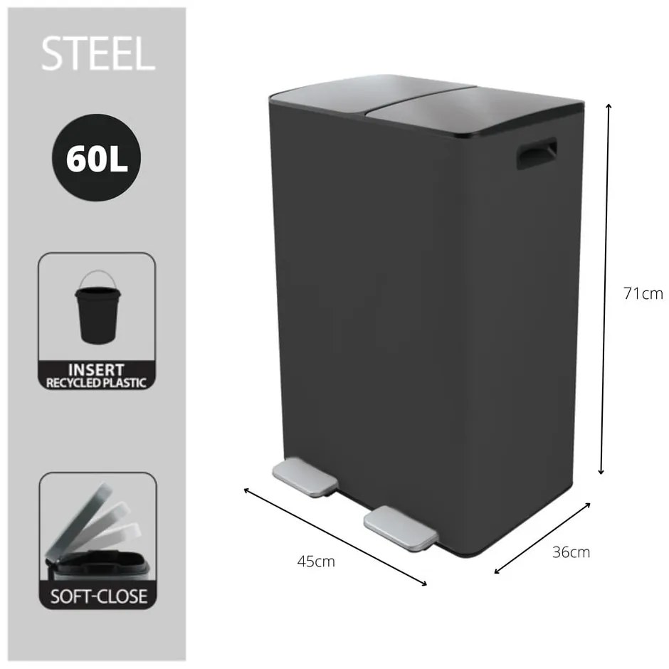 Tmavě šedý ocelový odpadkový koš 2x30 l na tříděný odpad/nášlapný Aliya – Spirella