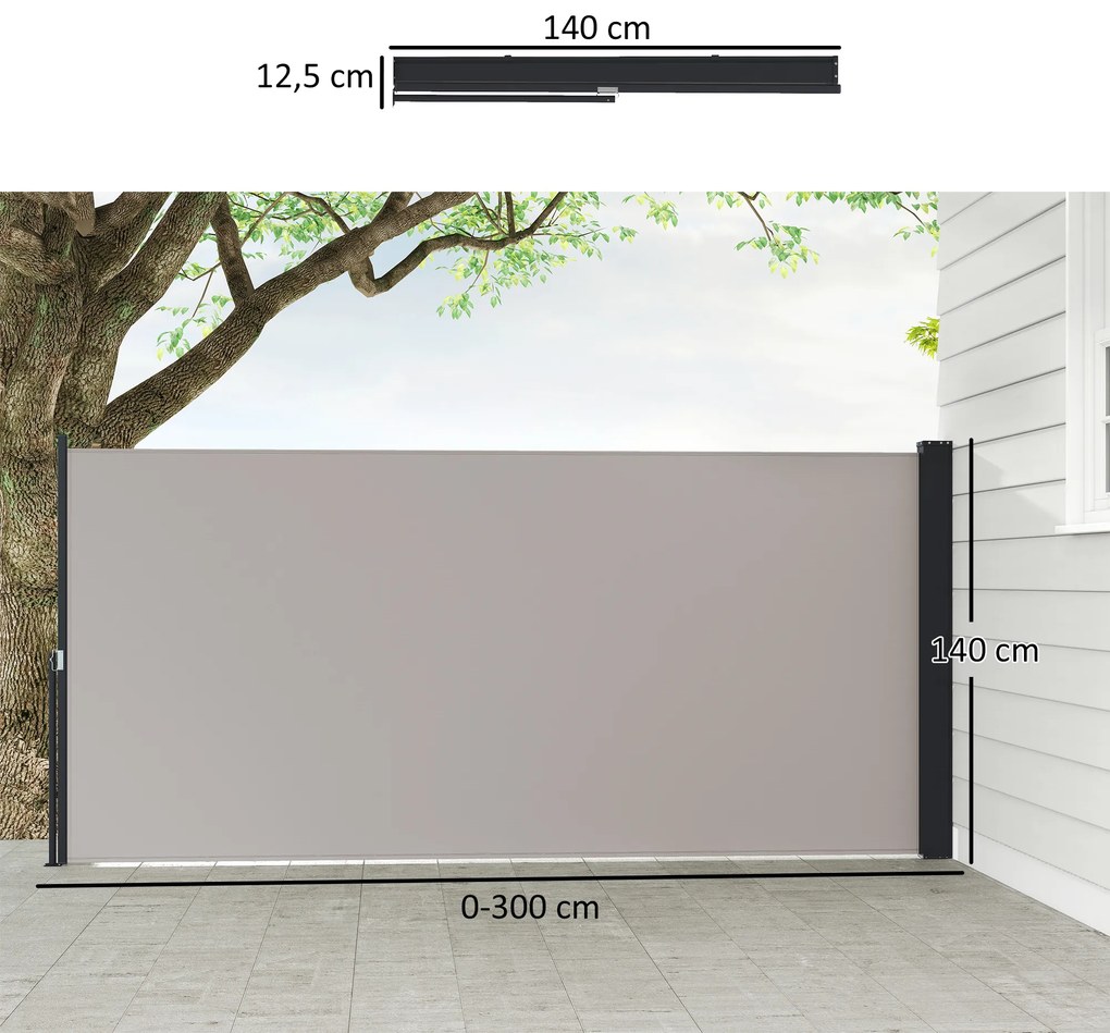 Outsunny výsuvná boční markýza 300 x 140 cm Zahradní markýza s UV ochranou Windbreak Metal Polyester Light Grey | Aosom.de