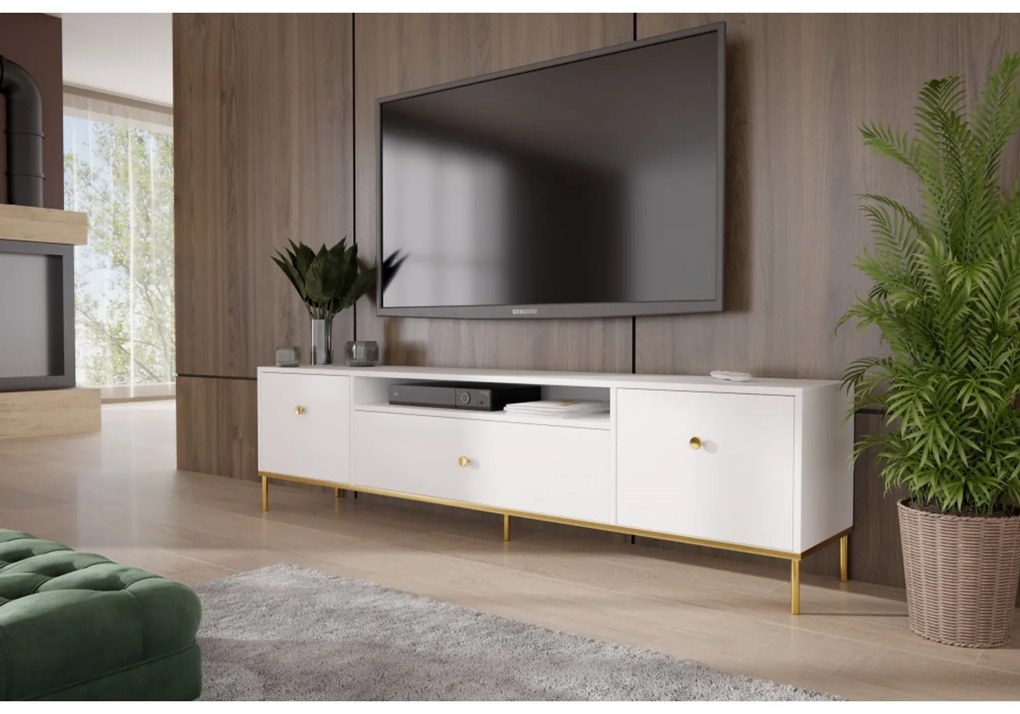 Televizní stolek RTV Mell 180 cm - zlaté nohy Zelená