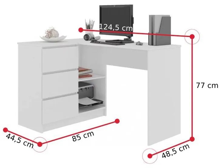 Expedo Psací stůl KORDA B16 3SZ, 124,5x77x50, bílá, levá