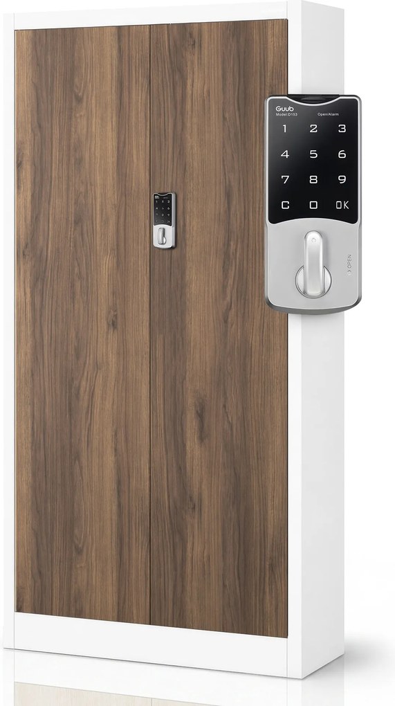 Kovová kancelářská skříň se zámkem na kód bílá, ořech, 900x1850x400 mm: DANIEL Eco Design