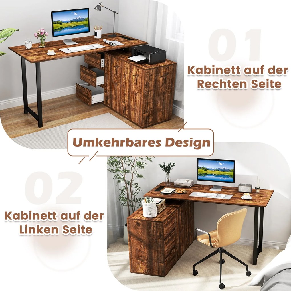 Costway Stůl ve tvaru L s kartotékou a zásuvkou 138 cm Oboustranný rohový