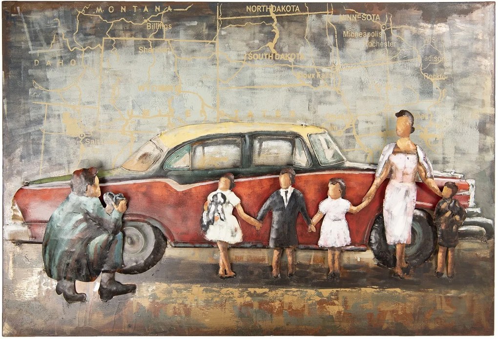 Vintage kovový obraz Auto s rodinou - 120*6*80 cm