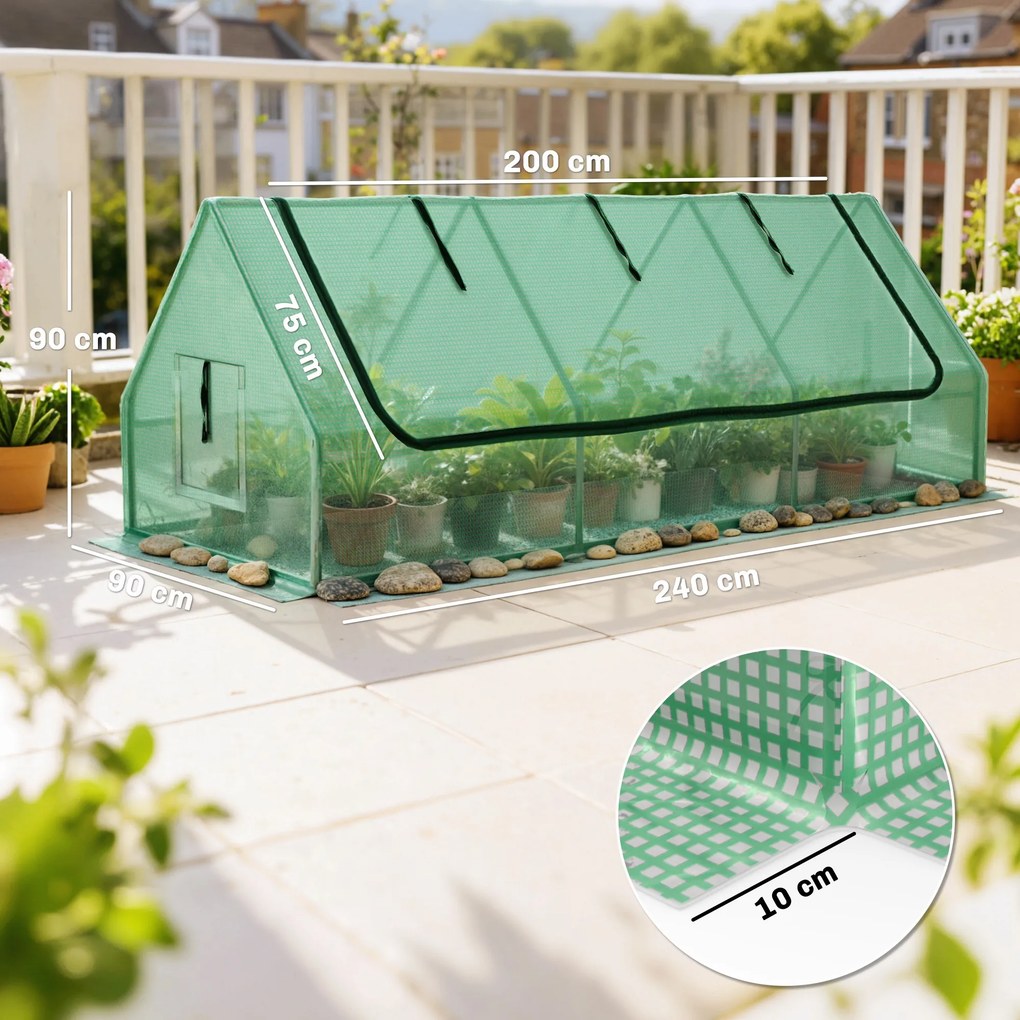 Fóliový skleník Outsunny mini s oknem ze síťoviny, odolný proti UV záření, PE fólie, 240 x 90 cm, ideální pro zahradnictví a pěstování