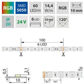 LED pásek McLED 24V RGB š=10mm IP20 14,4W/m 60LED/m SMD5050 ML-128.601.60.2