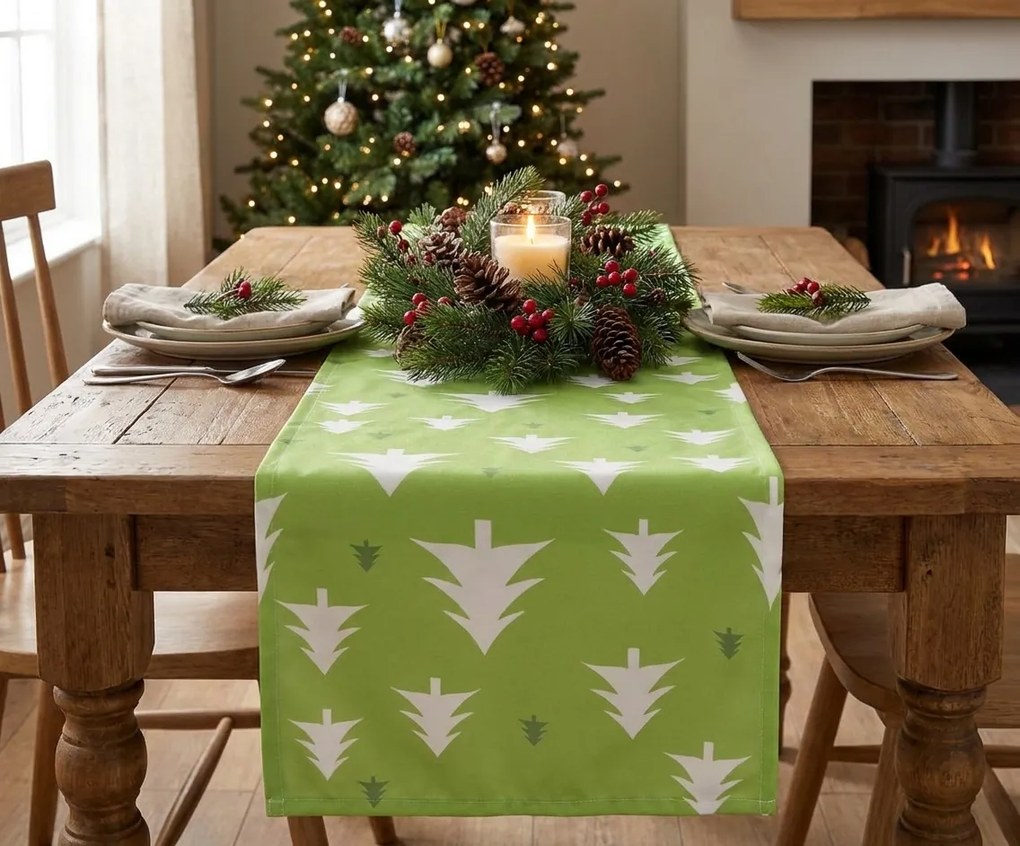 Textilní běhoun na stůl SCANDI TREES 40x140 cm, zelený