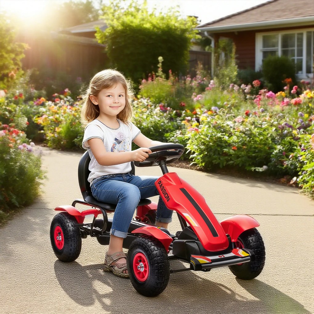 HOMCOM Pedal Go-Kart pro děti od 5 let, pedálové auto s nastavitelným sedadlem, gumovými pneumatikami a ruční brzdou pro chlapce a dívky do 50 kg, ro…
