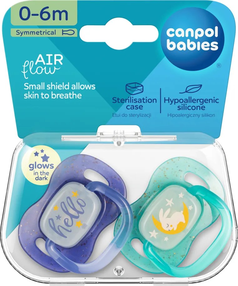 Canpol babies Dudlík svítící silikonový symetrický NIGHTGLOW 0-6m 2ks kluk