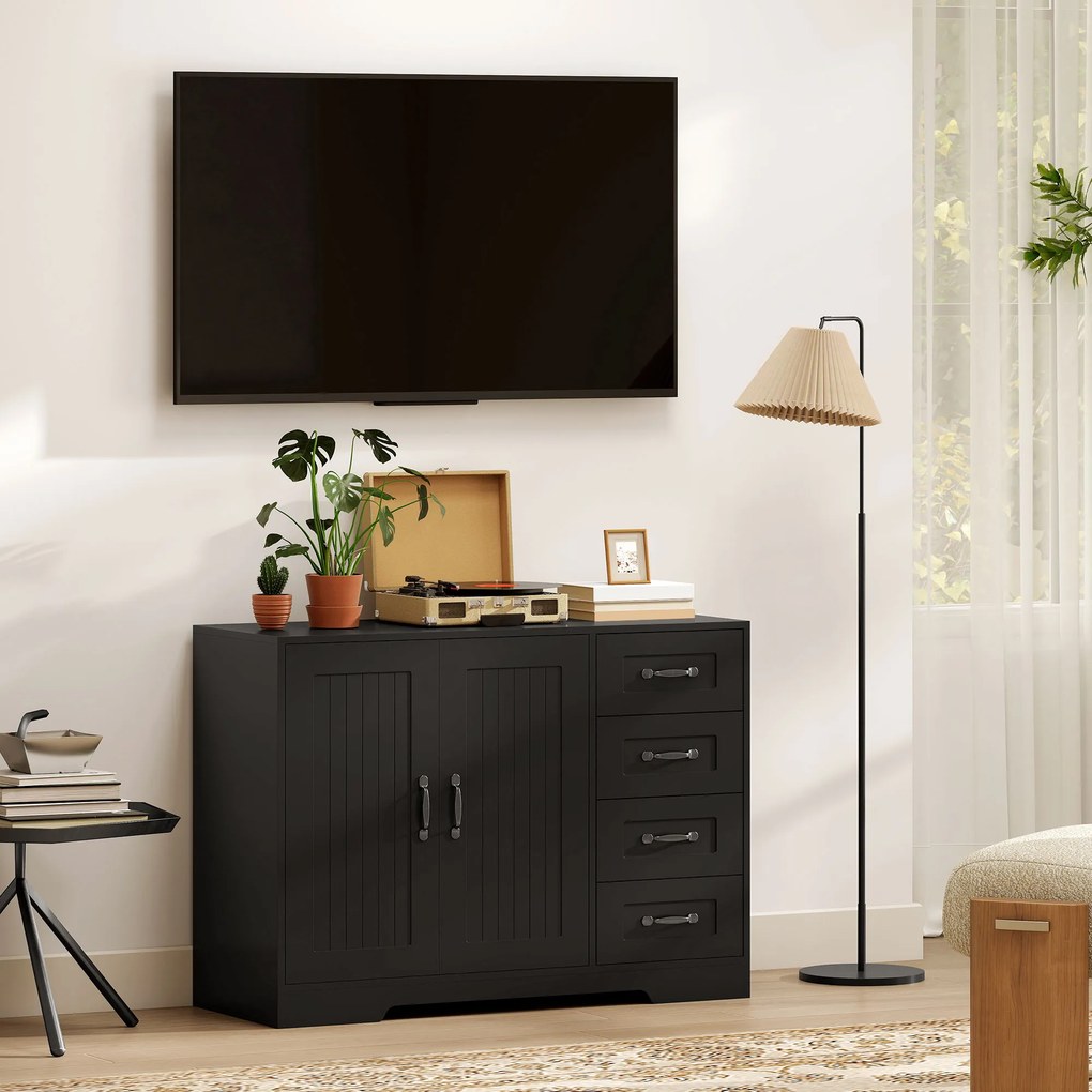 HOMCOM Sideboard, komoda, moderní styl, 4 zásuvky, 1 skříňka, 105 x 40 x 76 cm, černá