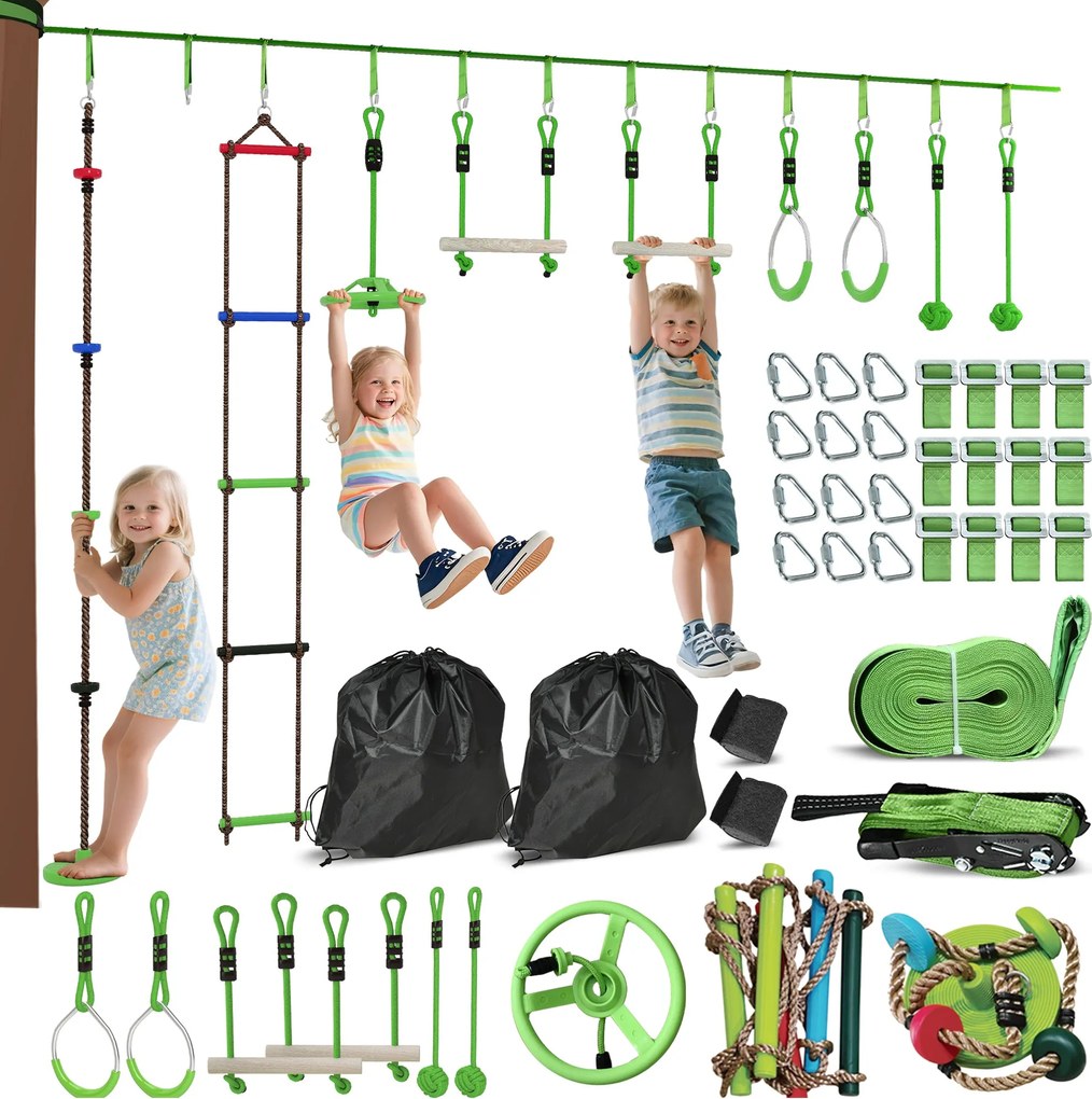 AIYAPLAY Ninja Slackline 10m pro děti - Set Ninja Warrior překážkové dráhy se slacklinem, gymnastickými kruhy, točícími koly, houpačkou, lezeckými tyč