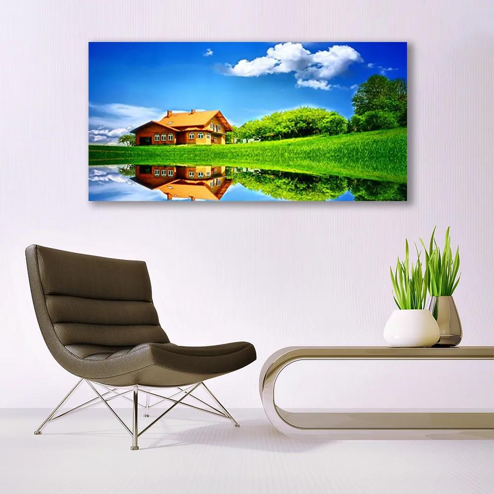 akrylový obraz Dům Jezero Tráva Příroda 120x60 cm