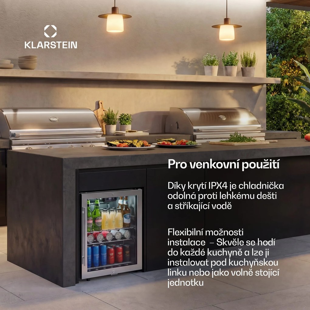 Klarstein LuxeChill, 64cm, 60L, venkovní chladnička na nápoje, stříbrná, skleněné dveře, A
