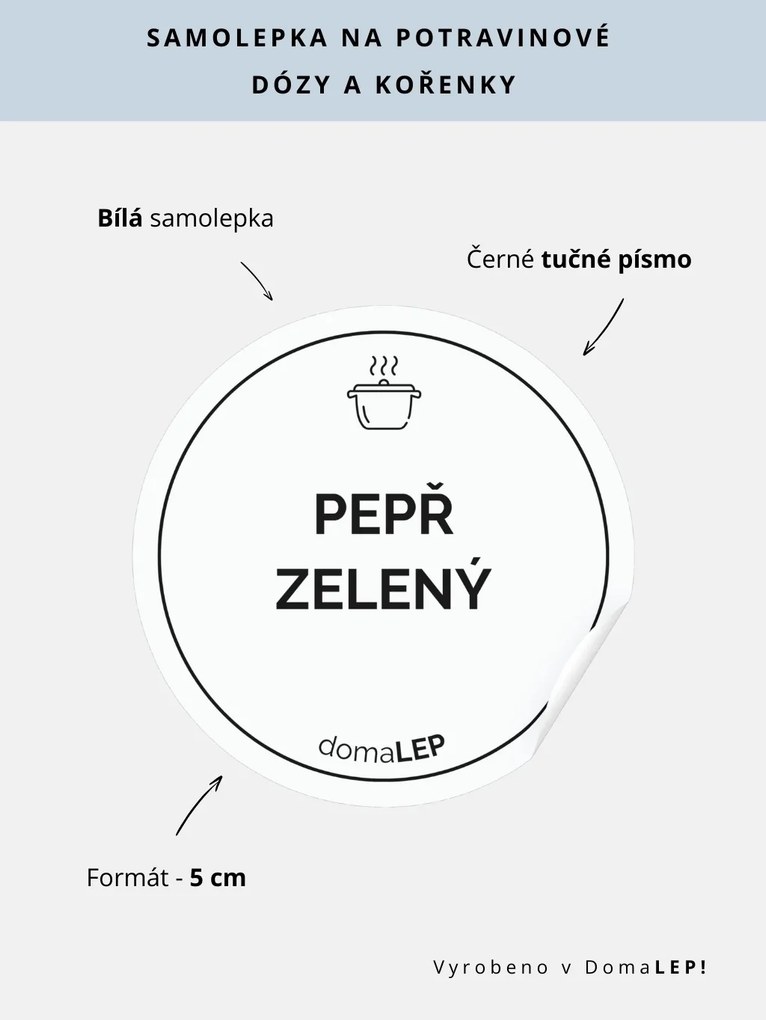 Samolepka na kořenky PEPŘ ZELENÝ bílá 5 cm tučné písmo