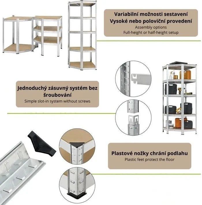 Rohový kovový regál 180 × 70 × 40 cm, 5 polic, variabilní