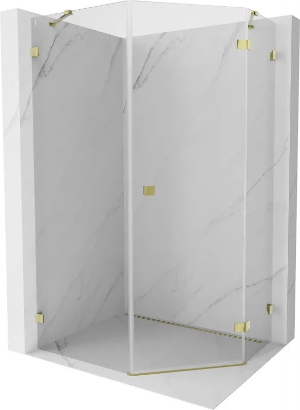 Mexen Lunar, výklopný pětiúhelníkový sprchový kout pravý 90 x 100 cm, 8mm čiré sklo, zlatý profil, 831-090P-100L-50-00-P