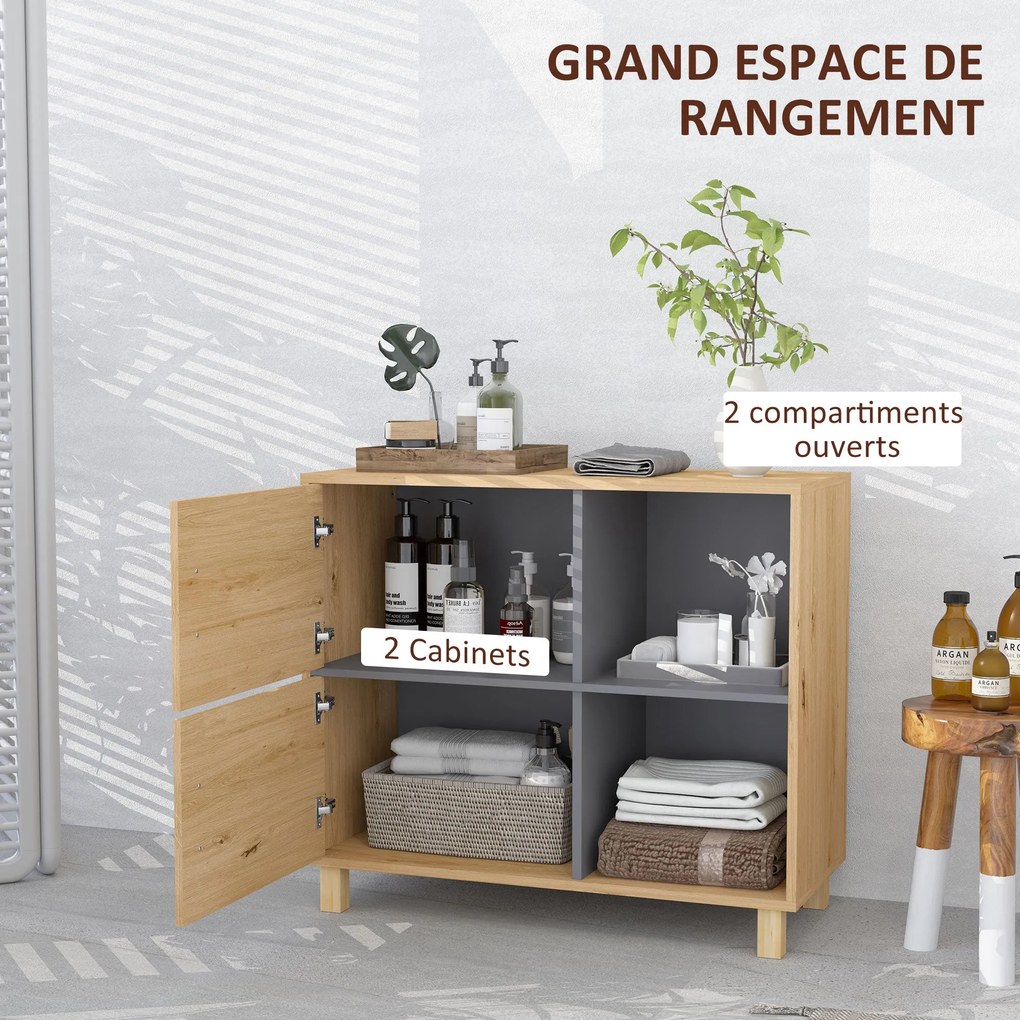 HOMCOM Koupelnová skříň, Úložná skříň s otevřenými oddíly a skříňkou, velikost koupelnové skříně 80D x 35Š x 70V cm, přírodní dřevo