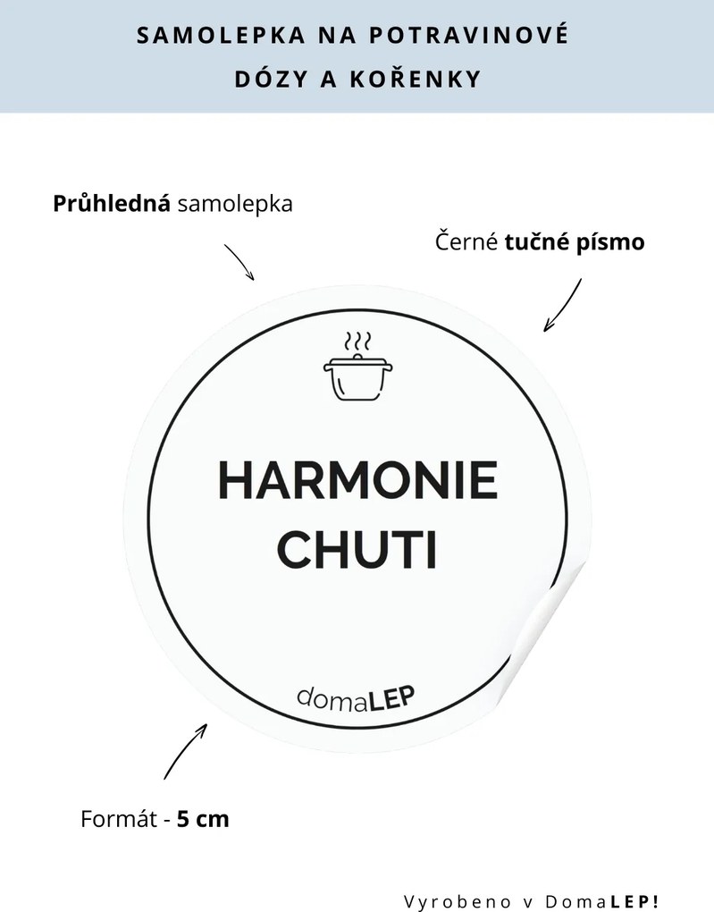 Samolepka na kořenky HARMONIE CHUTI průhledná 5 cm tučné písmo