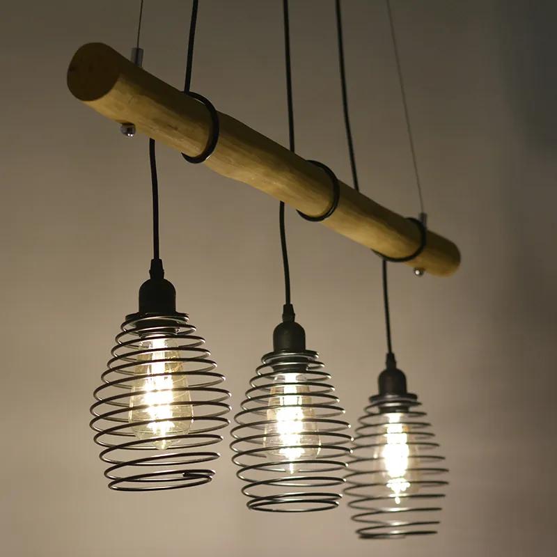 Venkovská závěsná lampa černá se dřevem 3 světla - Sverre